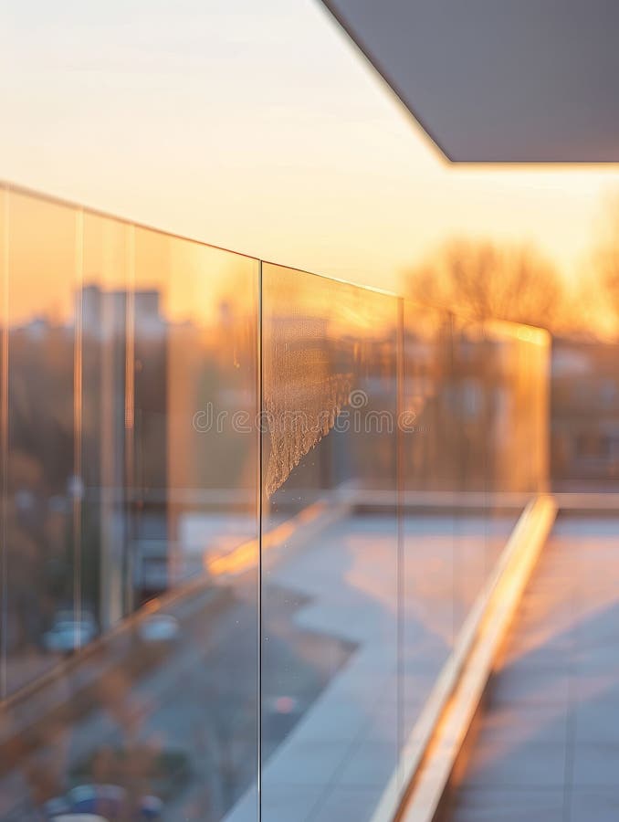 Glass Railing with Urban View at Sunset, Reflecting Warm Light. Stock ...