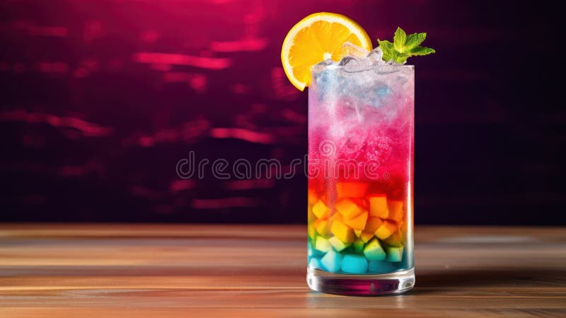 A Glass with a Rainbow Colored Drink and a Slice of Lemon Stock ...