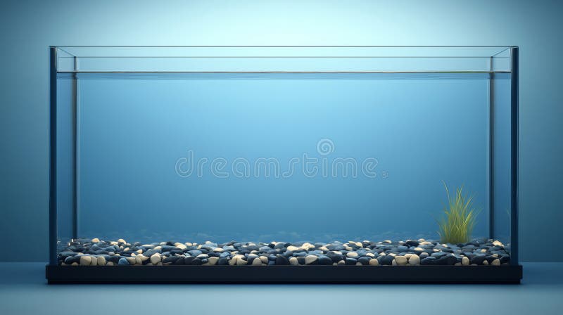 Glass Rectangular Aquarium Tank with Water, Pebbles and Plant on Blue ...
