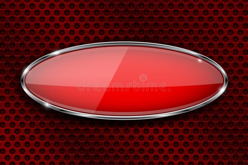 Glass Red Button on Metal Perforated Background. Oval 3d Button with ... Glass Red Button on Metal Perforated Background. Oval 3d Button with ...