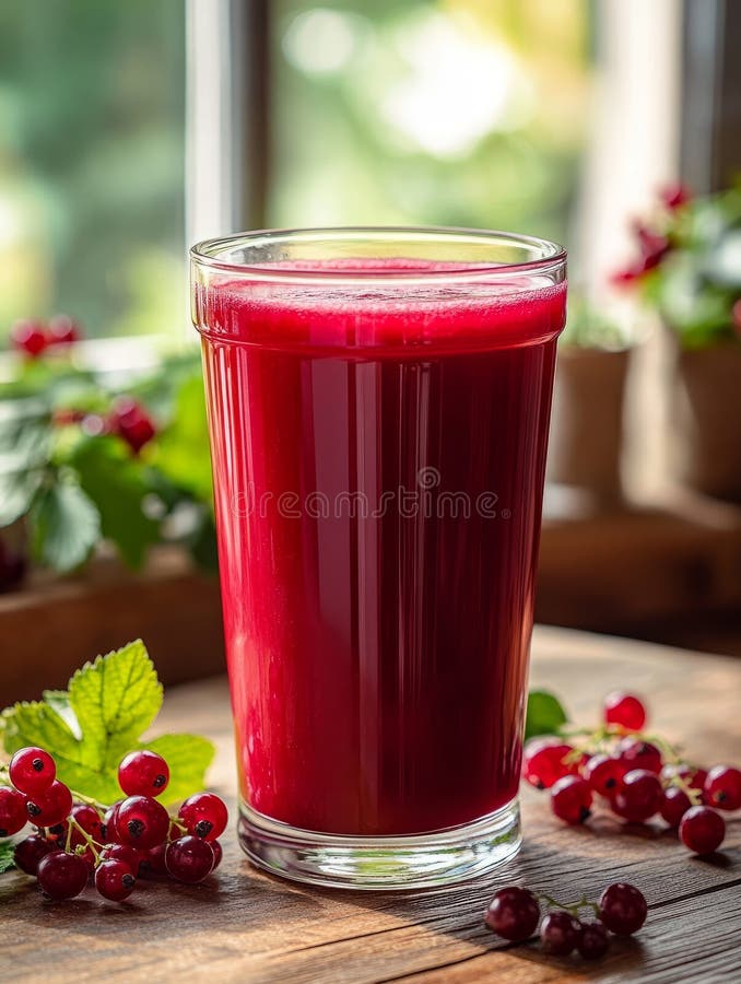 Glass of Red Currant Juice on a Wooden Table with Berries. Stock Photo ...