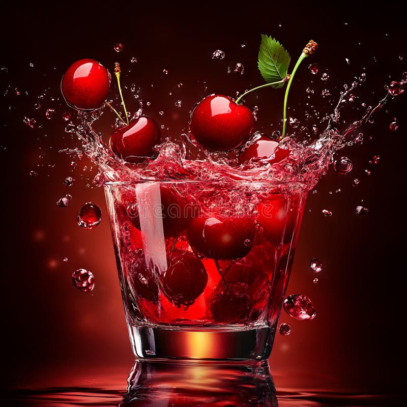 A Glass of Red Liquid with Cherries Splashing Out of it Stock Photo ...