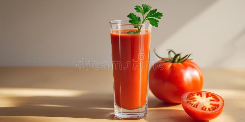 Glass of Red Tomato Juice Next To a Tomato Half on Wooden Surface Stock ...