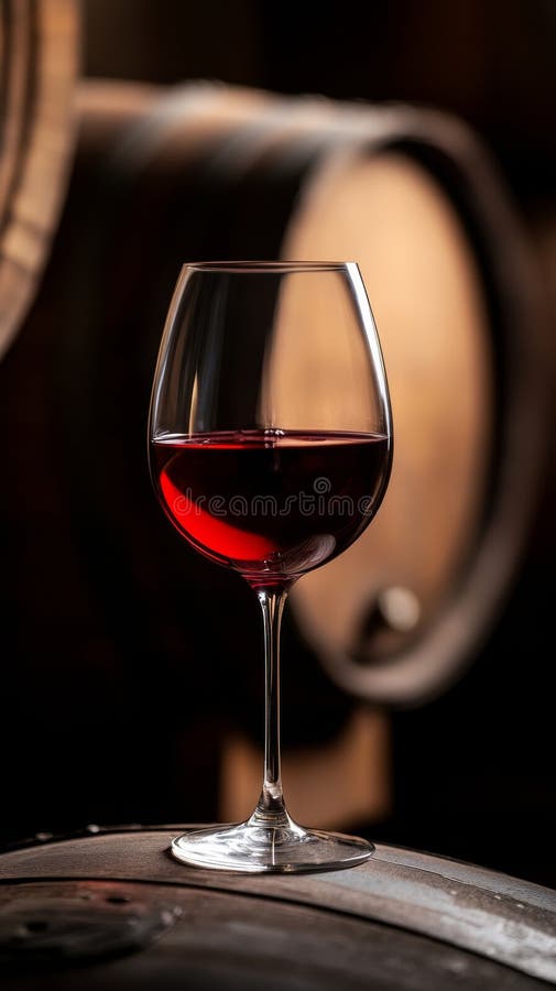 Glass of Red Wine on Barrel in Dim Cellar, Rustic Elegance Stock Photo ...