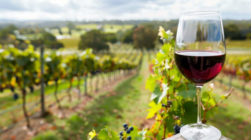 Glass of Red Wine Overlooking Lush Vineyard Landscape Stock ...