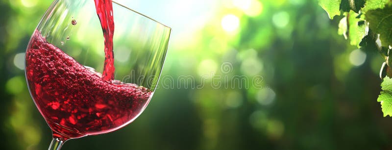 Glass of Red Wine Pouring in the Sun with Vineyard Landscape ...