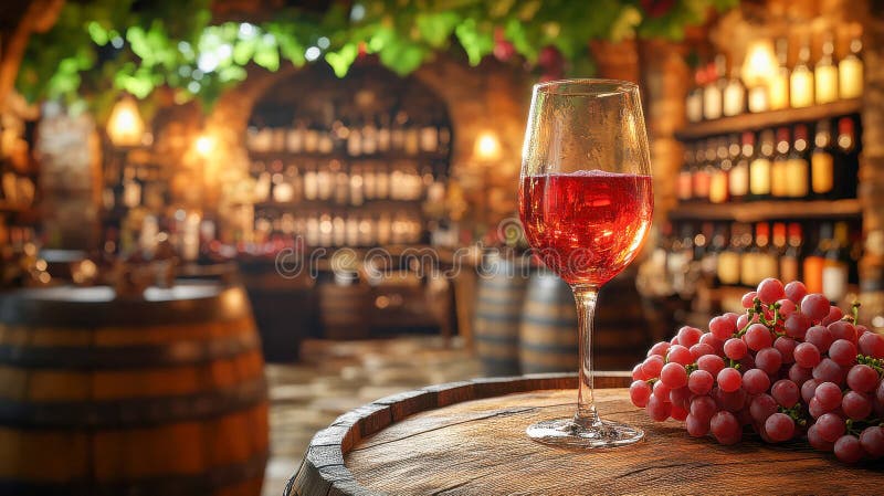 A Glass of Red Wine Sits on a Wine Barrel Next To a Bunch of Grapes ...