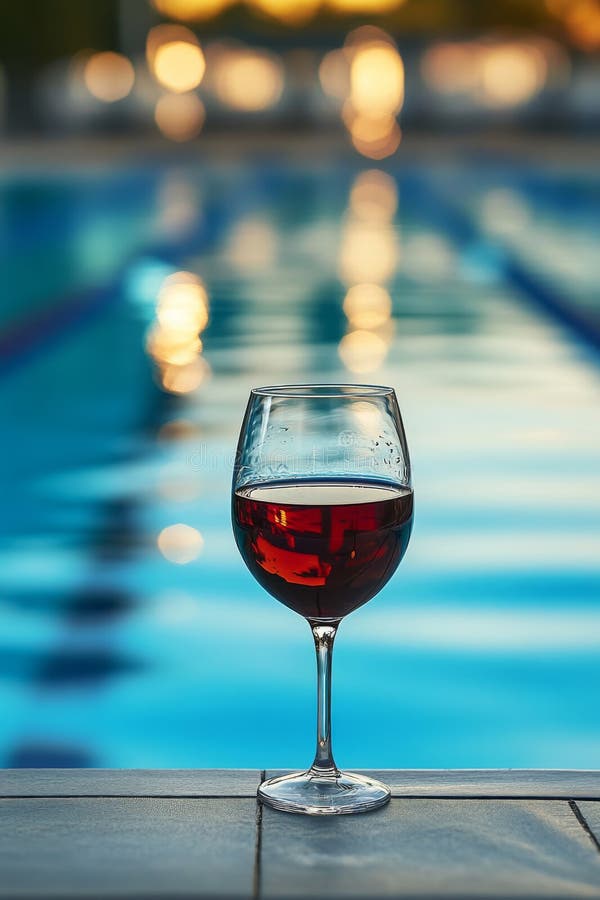 Red Wine Glass by Poolside with Bokeh Light Reflections at Sunset Stock ...