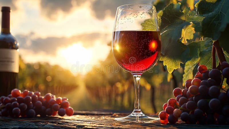 A Glass of Red Wine Sits on a Rustic Table Surrounded by Fresh Grapes ...