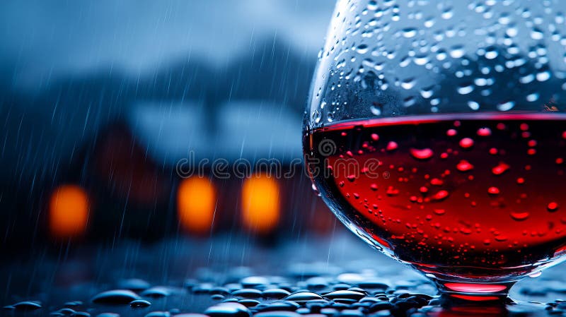A Glass of Red Wine Sitting on Top of a Table in the Rain Stock Photo ...