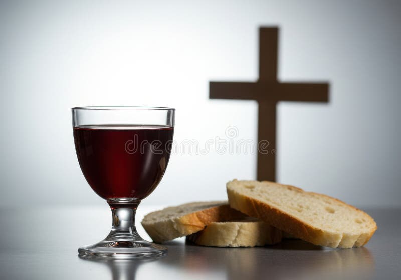 A Glass of Red Wine, Slices of Bread, and a Blurred Cross Stock ...