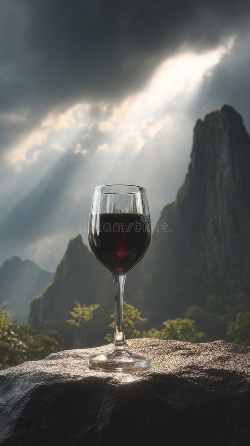 Glass of Red Wine on Stone with Sun Rays through Mountain Clouds ...