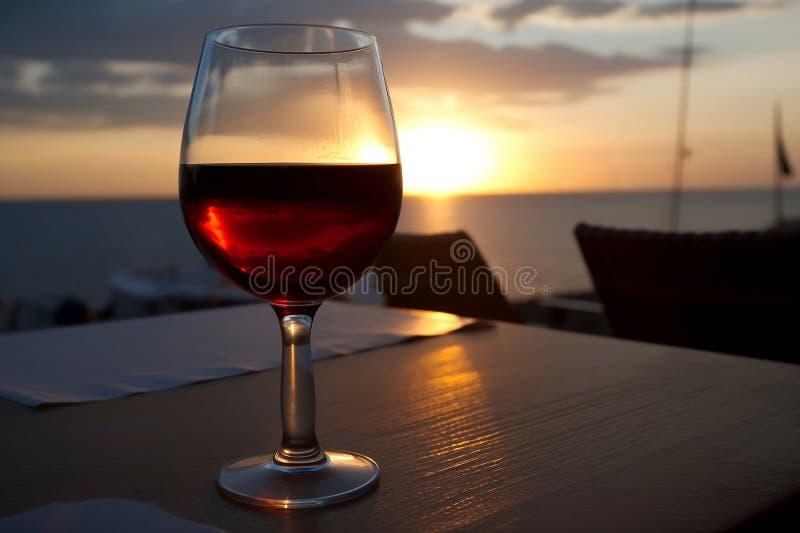 Glass of Red Wine on Table at Sunset by Sea Stock Illustration ...