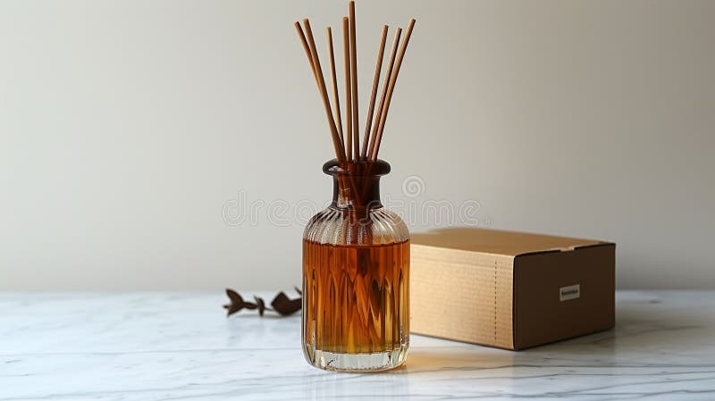 Glass Reed Diffuser Bottle with Wooden Sticks on Marble Tabletop Stock ...