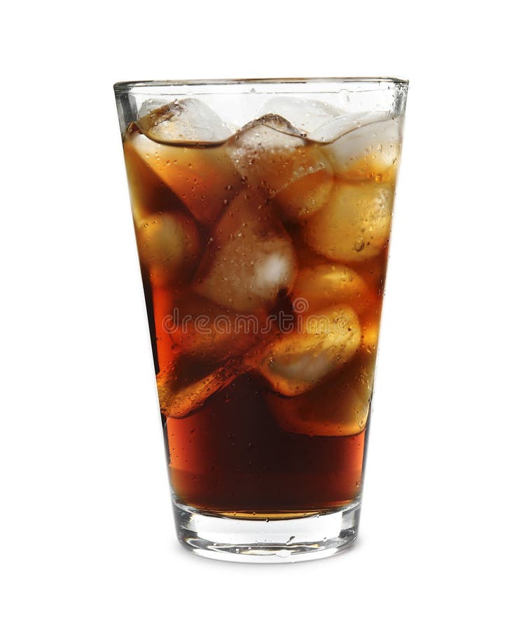 Glass of Refreshing Cola with Ice Cubes on White Stock Photo - Image of ...