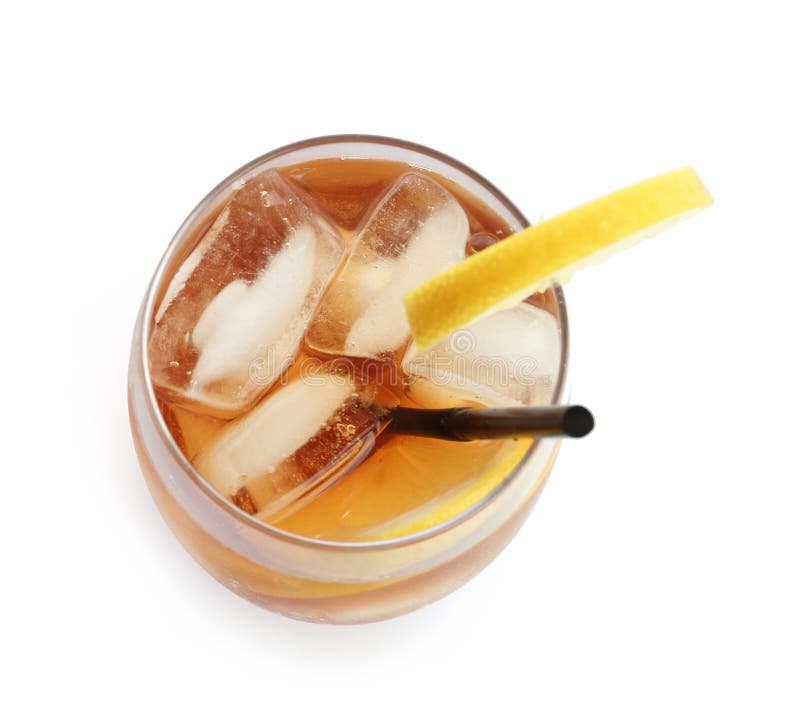 Glass of Refreshing Iced Tea with Lemon Slices on Background, Top View ... Glass of Refreshing Iced Tea with Lemon Slices on Background, Top View ...