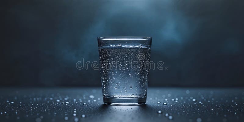 Glass of Refreshing Water with Condensation Droplets on Dark Background ...