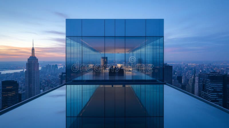 Glass Rooftop Observatory at Dusk Over City Skyline Stock Illustration ...