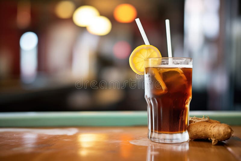 Glass of Root Beer with a Bendy Straw and Lemon Slice Stock Photo ...