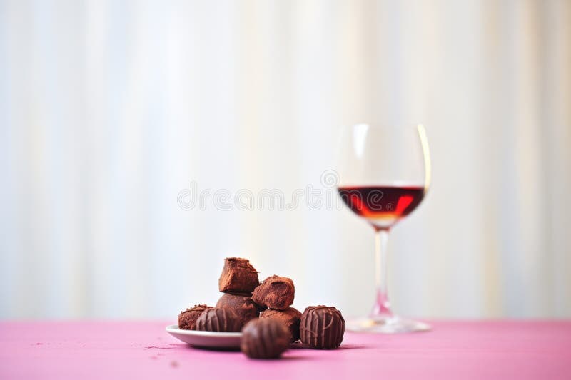 A Glass of Ruby Port beside Stacked Chocolate Truffles Stock Photo ...