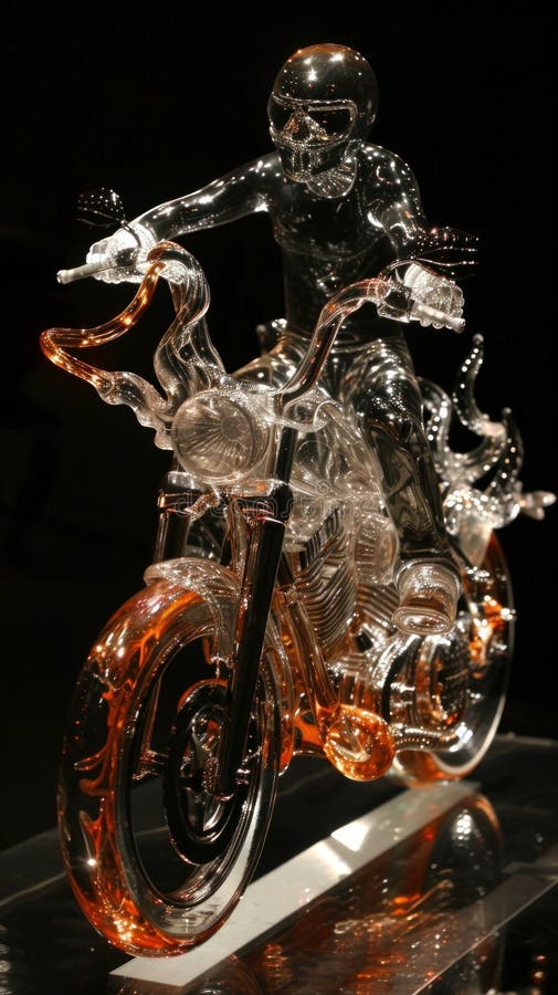 Glass Sculpture of Motorcycle Rider on Black Background Stock ...