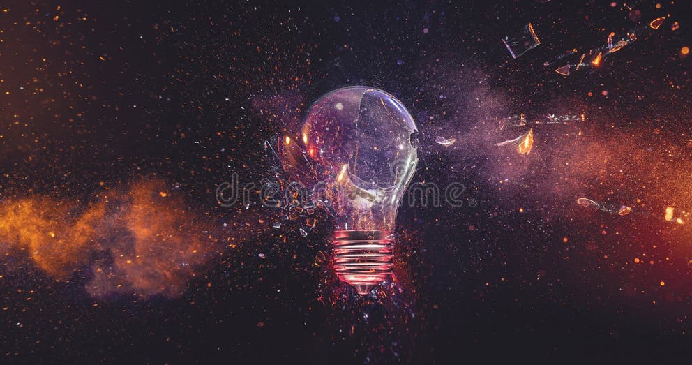 Glass Shards and Fire Exploding from Broken Lightbulb Stock Photo ...