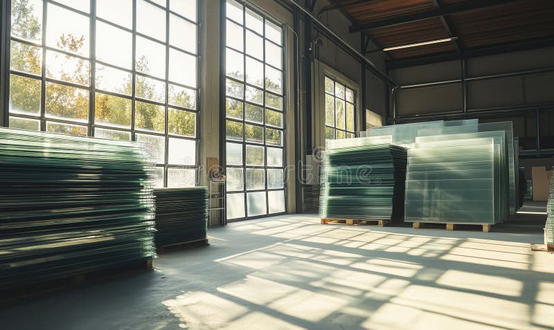 Glass Sheets Stacked in Spacious Warehouse with Natural Light Streaming ...