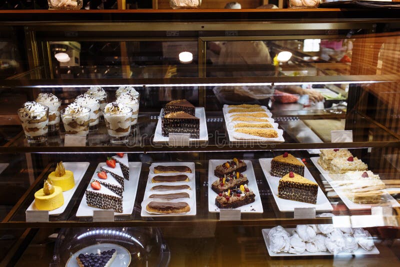Glass Showcase with a Pastries in the Restaurant Stock Photo - Image of ...
