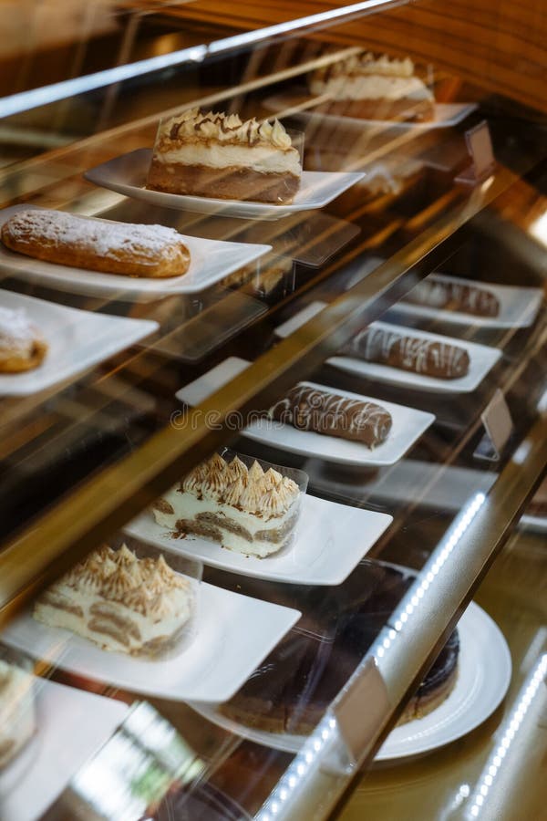 Glass Showcase with a Pastries in the Restaurant Stock Image - Image of ...