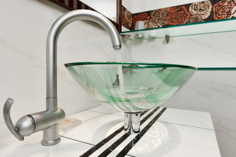 Glass Sink Bowl in Modern Bathroom Stock Photo - Image of tile, green ...