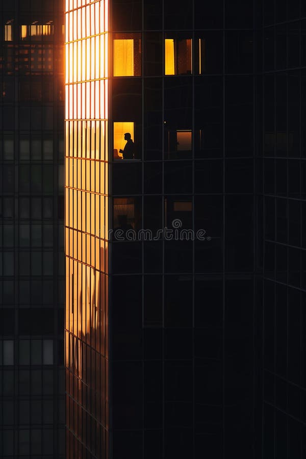 Office Worker Stands Silhouetted in a Glass Skyscraper, Illuminated by ...