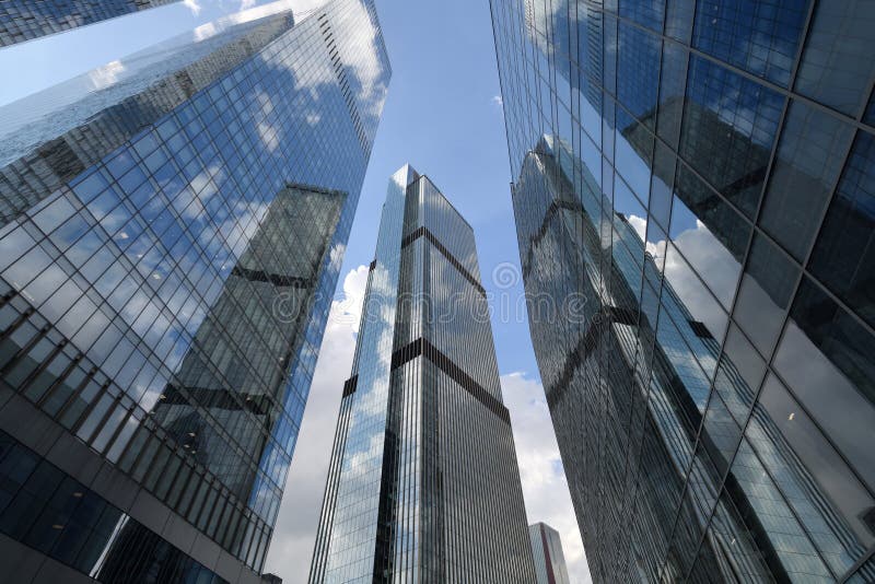 Glass Skyscrapers Filmed from a Below Stock Photo - Image of district ...