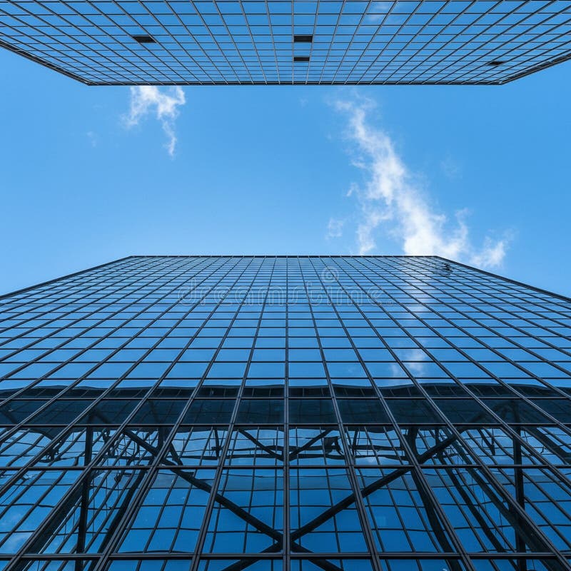 Glass Skyscrapers Rise into a Blue Sky, Featuring a Grid of Reflective ...