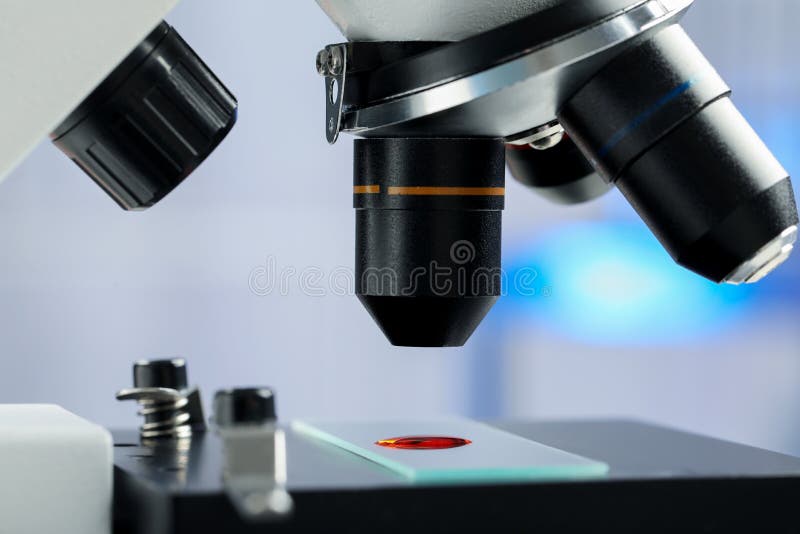 Glass Slide with Sample of Red Liquid Under Microscope in Laboratory ...