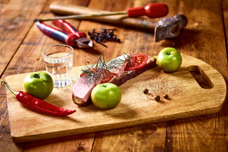 Glass of and Snack with Rustic Manual Tool. Stock Photo - Image of ...