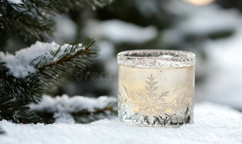 A Glass with a Snowflake Design on it is Sitting on a Snowy Surface ...
