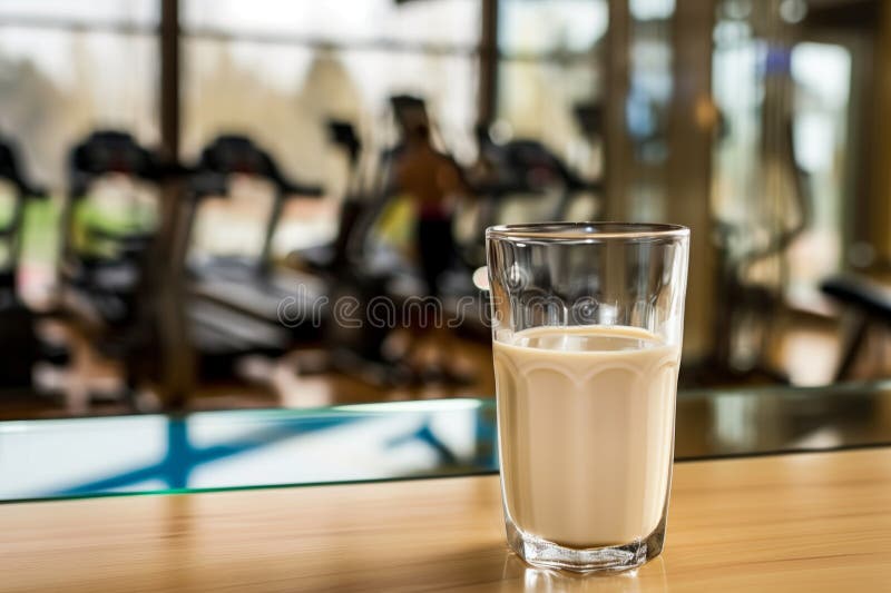 Glass of Soy Milk on a Gym Reception Desk, Activity Behind Stock Photo ...