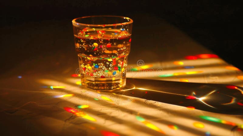 Glass of Sparkling Water with Colorful Confetti on a Table with Light ...