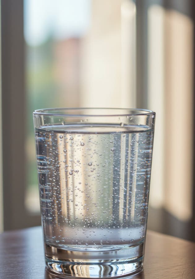 Glass of Sparkling Water on Wooden Table by Window Stock Illustration ...