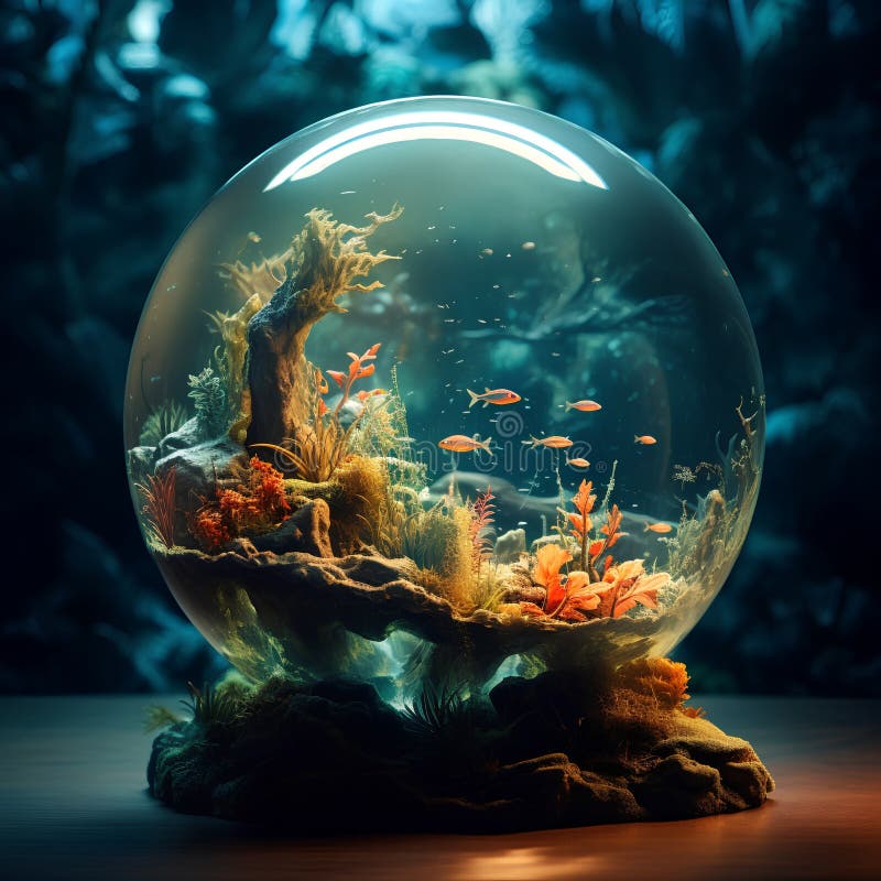 Glass Sphere with Colorful Coral Reef and Fish Inside. 3D Rendering ...