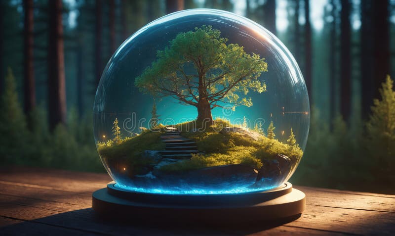 A Glass Sphere Containing a Miniature Forest Sits on a Wooden Table in ...