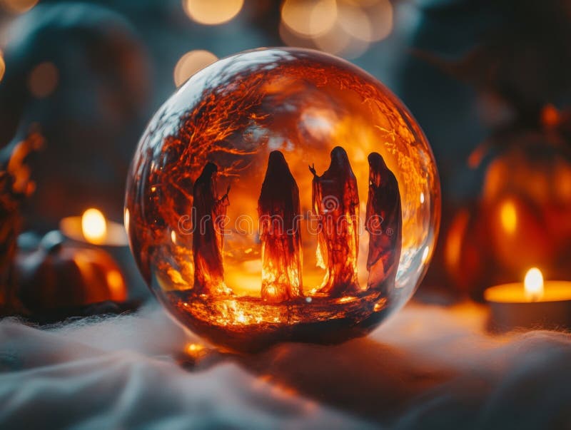 Glass Sphere Encapsulating Shadowy Figures Amidst Fire and Light Stock ...
