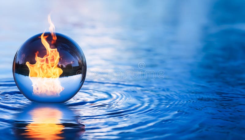 Glass Sphere with Fire Reflection on Water Surface Stock Photo - Image ...