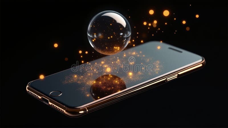 Glass Sphere Floating Above Smartphone with Golden Sparkles Stock ...