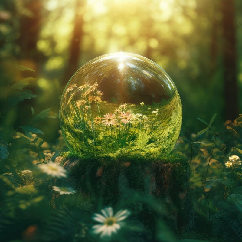Glass Sphere in the Forest, Grass and Sun Stock Illustration ...