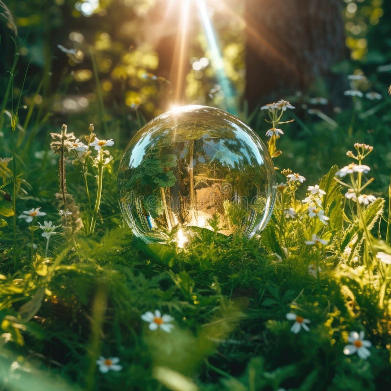 Glass Sphere in the Forest, Grass and Sun Stock Illustration ...