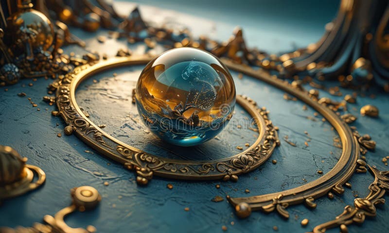 Glass Sphere with Golden Frame Rests on Blue Surface, Surrounded by ...