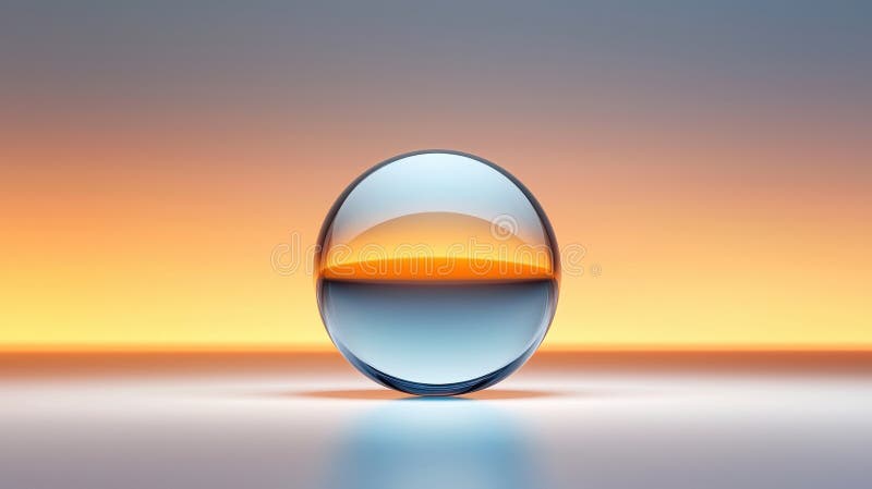 A Glass Sphere with a Gradient of Orange and Blue Sits on a Reflective ...