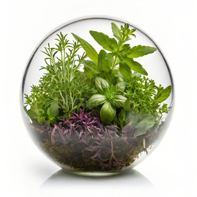 Glass Sphere with Green Plants and Herbs Isolated on White Stock ...