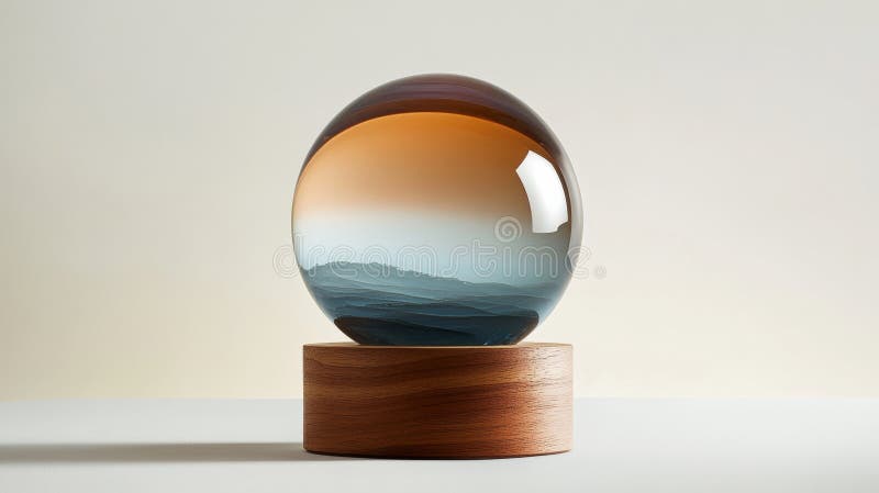 Glass Sphere with Landscape Reflection on Wooden Base. Art and Design ...